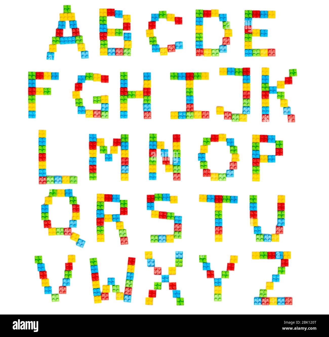 English alphabet from multi-colored children's plastic constructor on a ...
