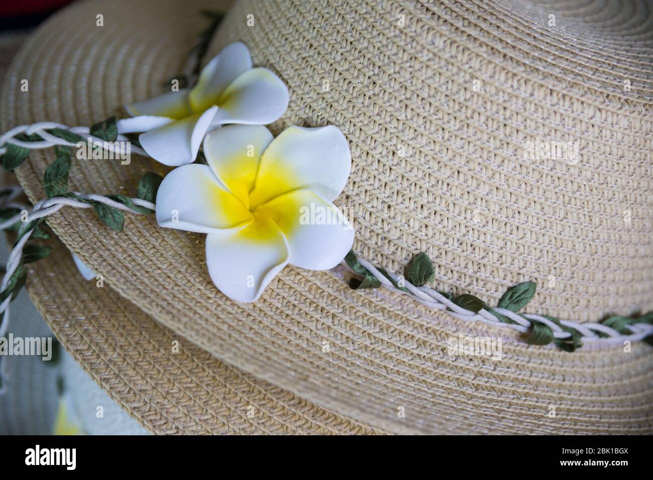 Straw hat decorated with rope, vines and white flowers Stock Photo - Alamy