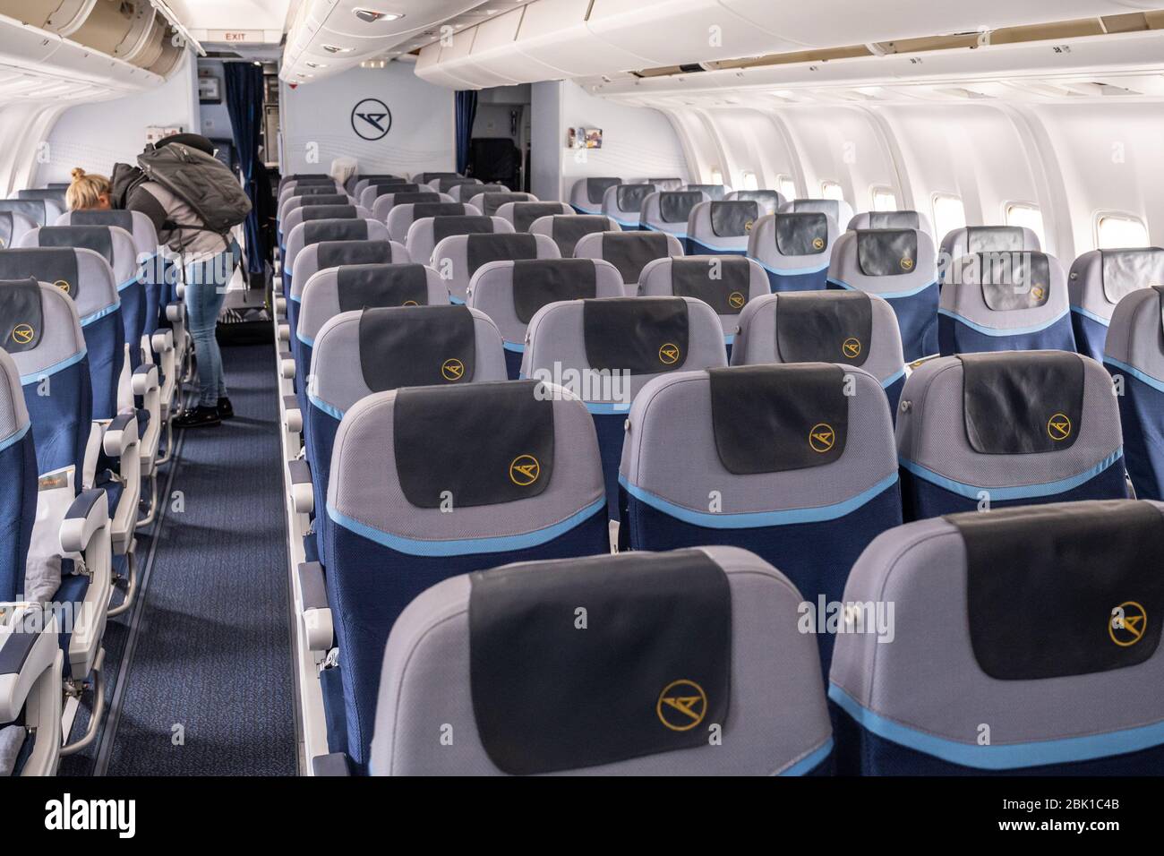 Frankfurt Germany 18.11.19 Condor Air airplane interior seat rows with ...