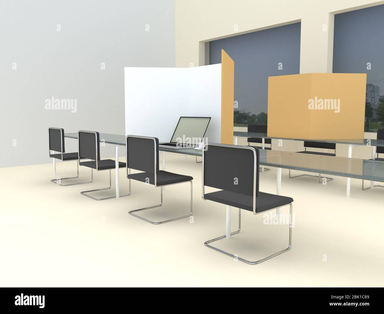 3D illustration of an open space with with improvised carton barriers ...