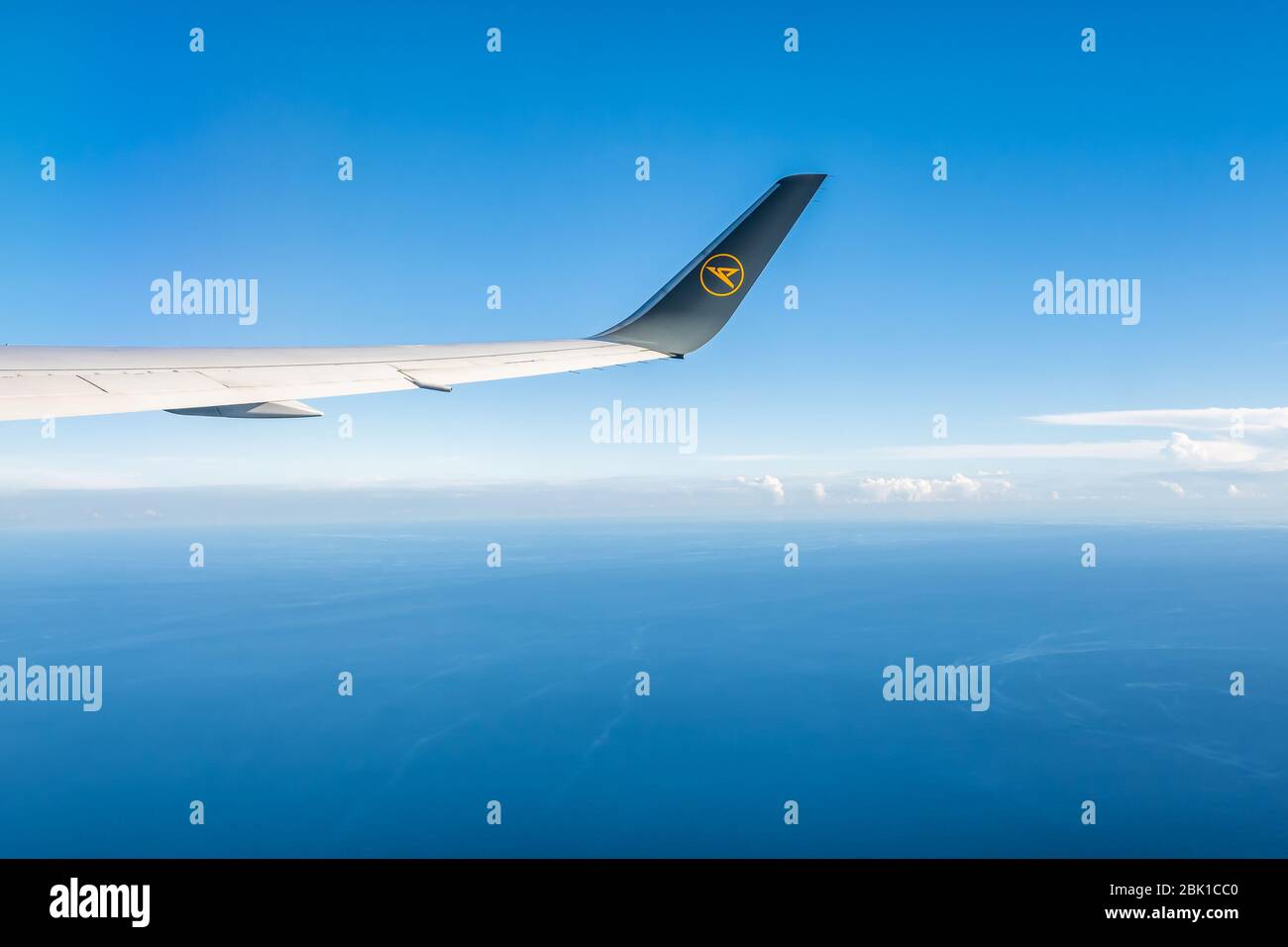 Frankfurt Germany 18.11.19 Condor Air wing of airplane in the sky ...
