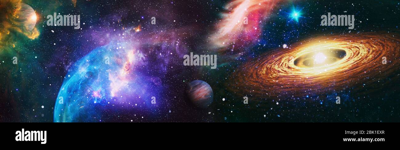 Panoramic looking into deep space. Dark night sky full of stars. The ...