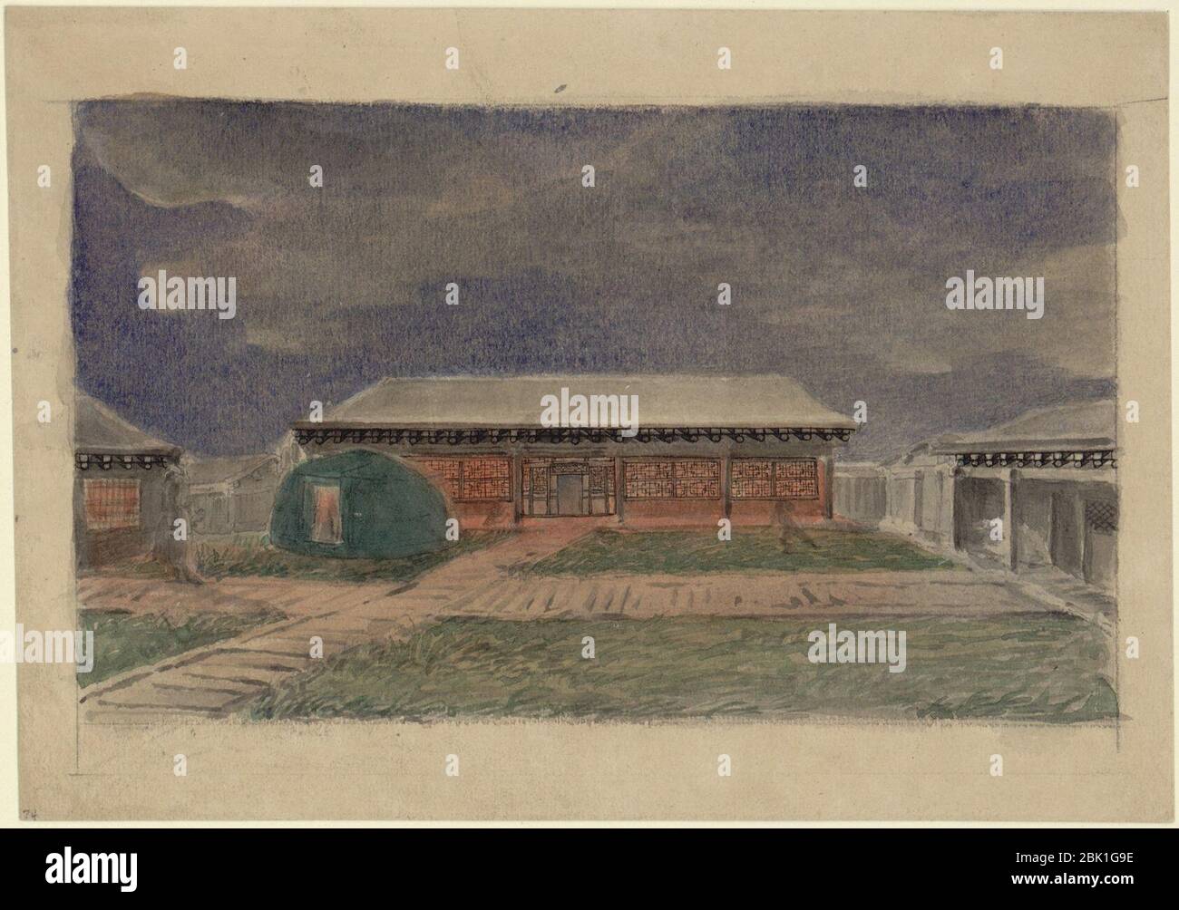 House with paper windows and with a Mongol hut in the yard in front ...