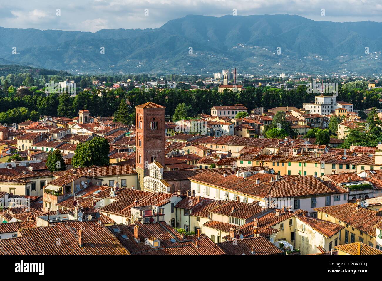 View at ancient Italian town with colorful houses in Tuscany from above ...