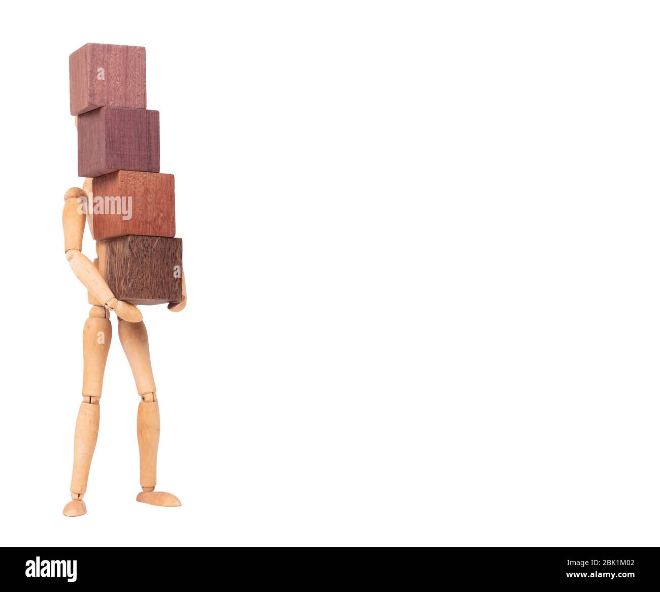 Wooden mannequin carrying wooden hardwood blocks, isolated on white ...