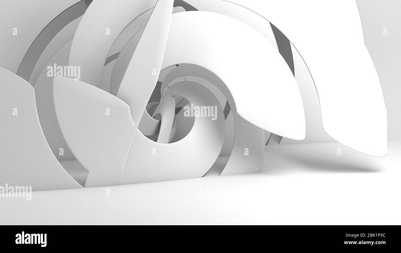 Abstract white cgi background with intersected spiral installation in ...