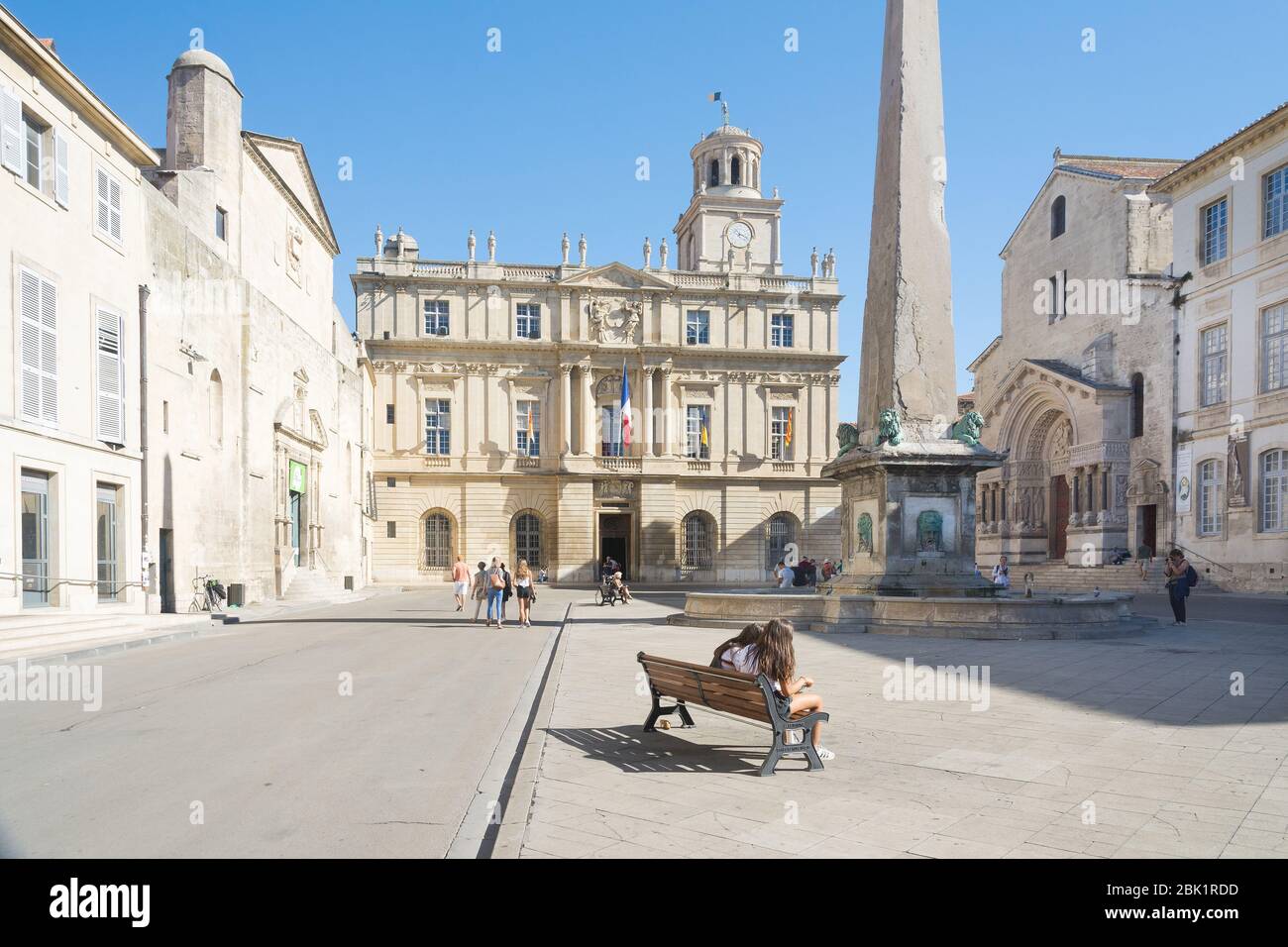 Arles,France-august 14,2016:people stroll in the square where the city ...