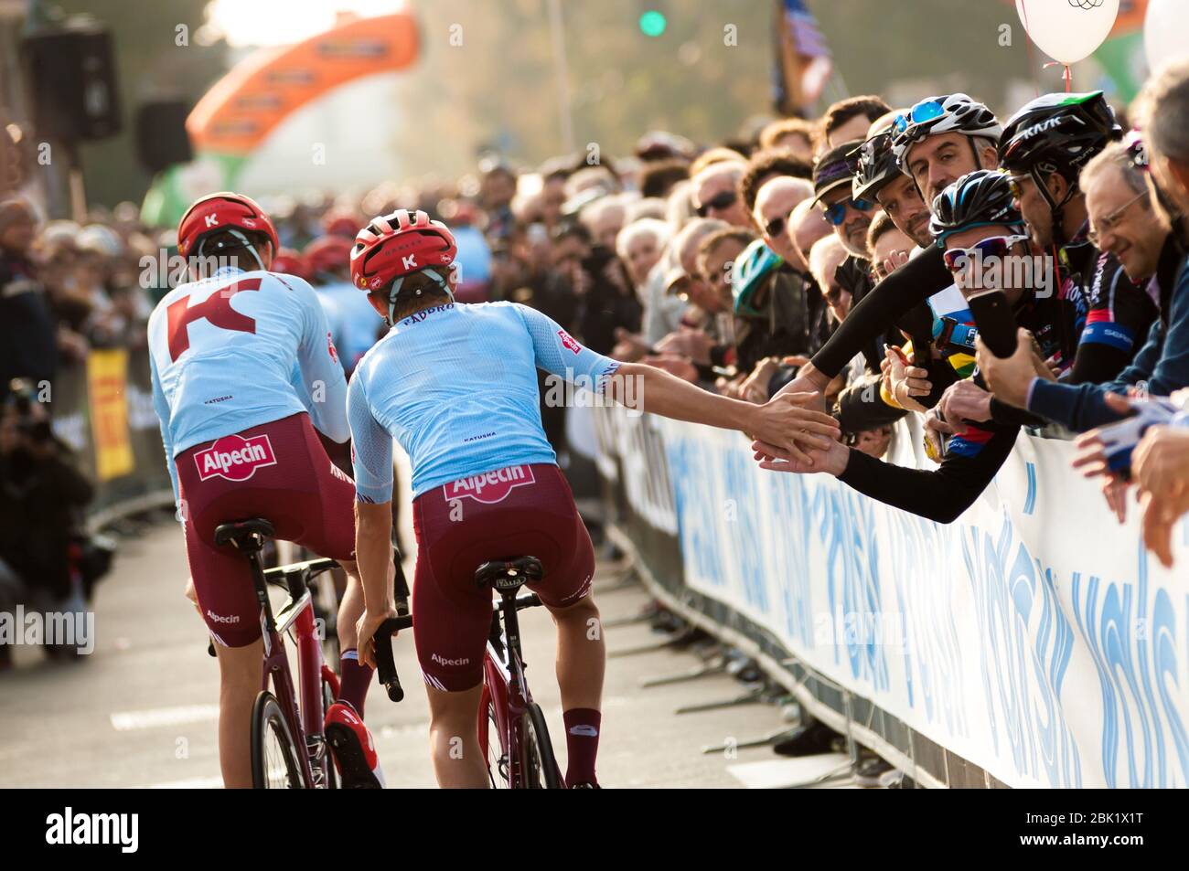 matteo fabbro (ita) (team katusha alpecin) greets the fans during Giro di Lombardia 2019 ...