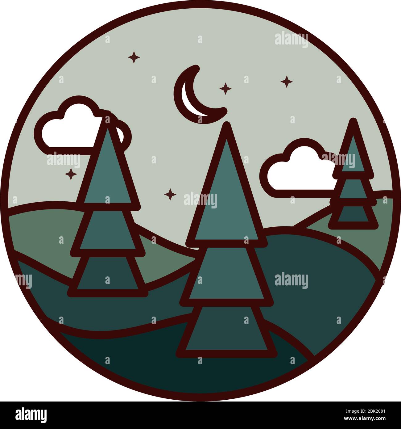 landscape nature trees hills half moon stars vector illustration line ...