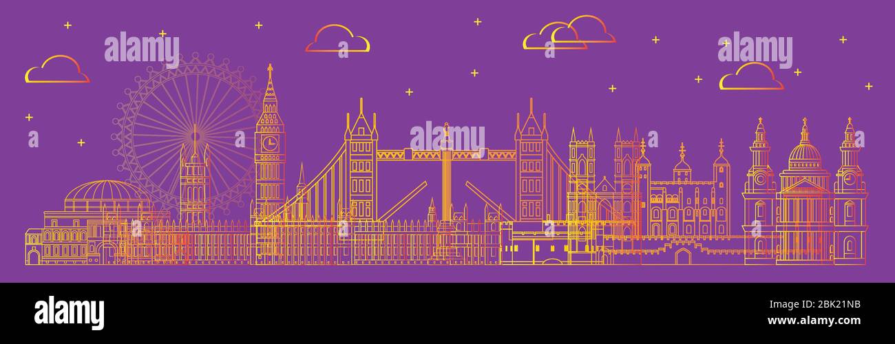 Panoramic London travel illustration with architectural landmarks in ...