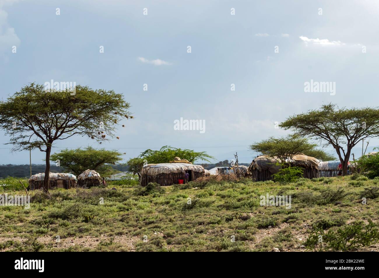 Village of huts at the entrance to Samburu Park in Kenya Stock Photo ...