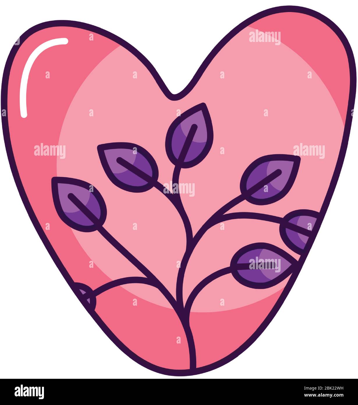 heart with plant with leaves design over white background, line color ...