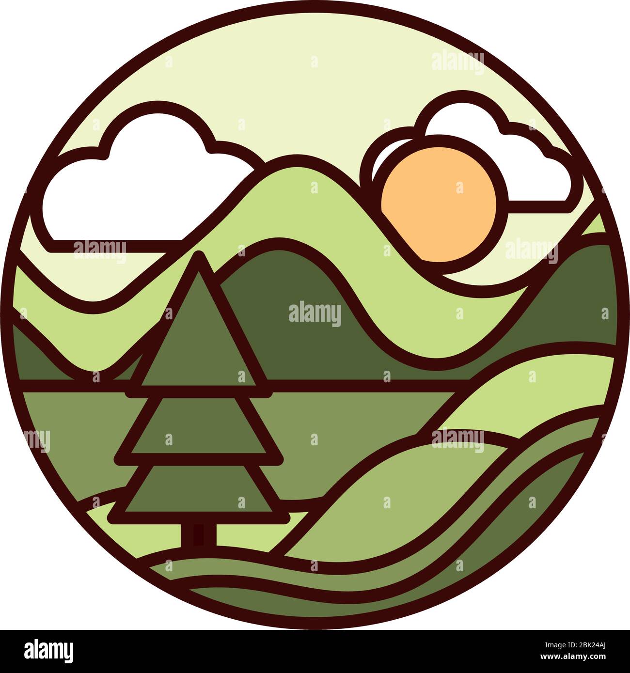 landscape nature hills pine tree sun vector illustration line and fill ...
