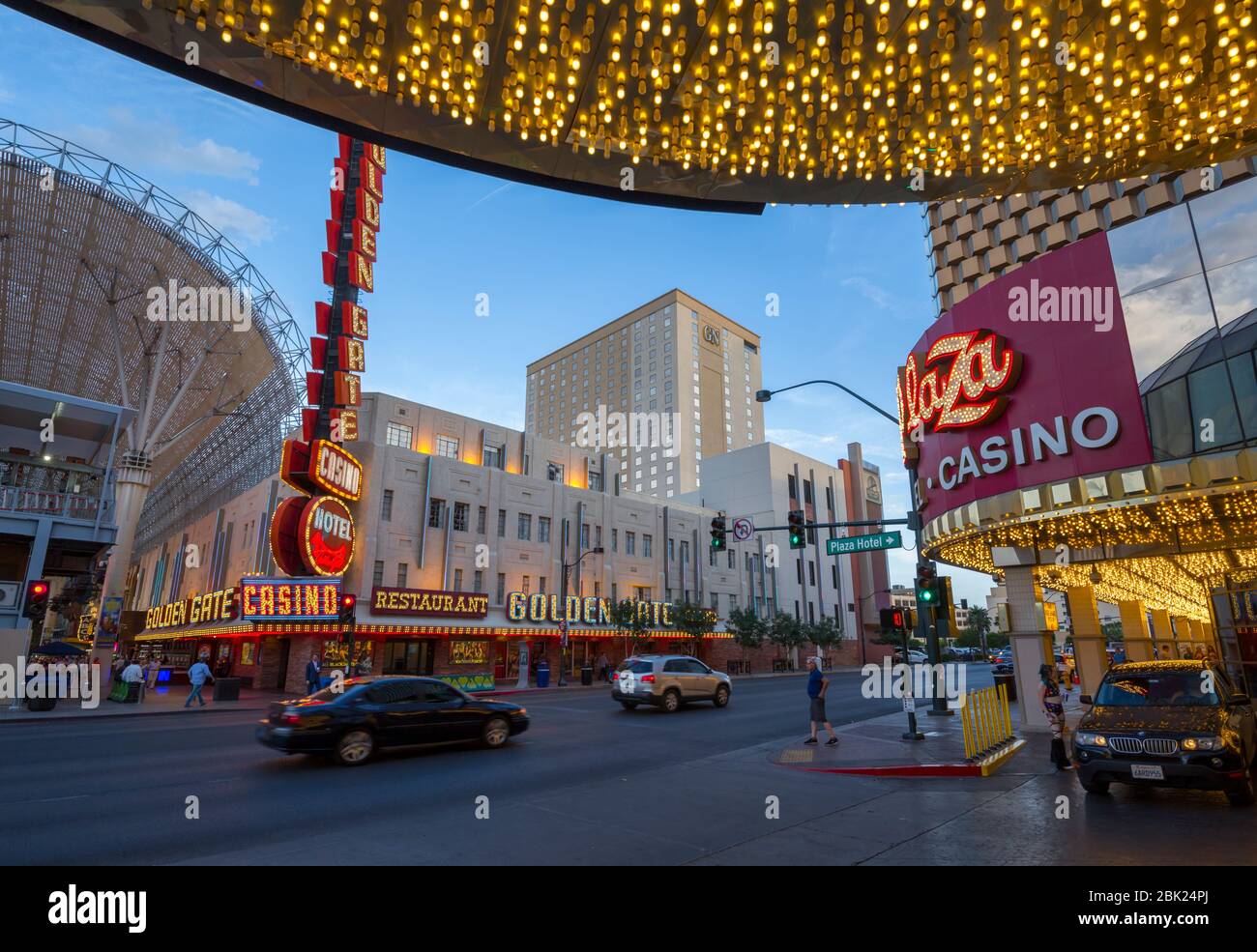 Neon lights on the Fremont Street Experience at dusk, Downtown, Las ...