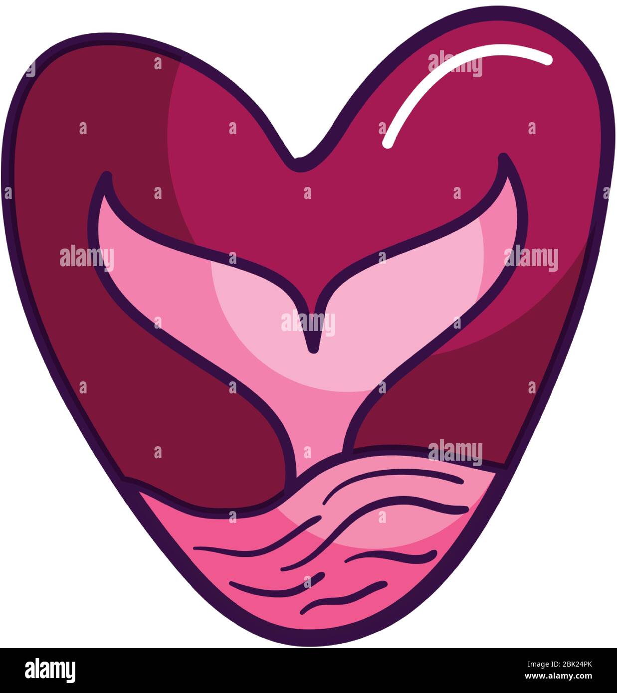 heart with whale tail over white background, line color style, vector ...