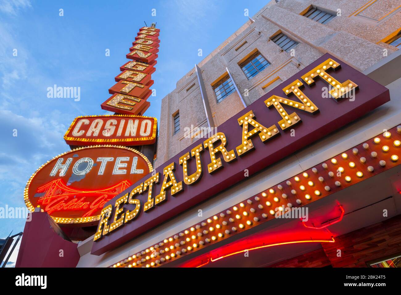 Neon lights on the Fremont Street Experience at dusk, Downtown, Las ...