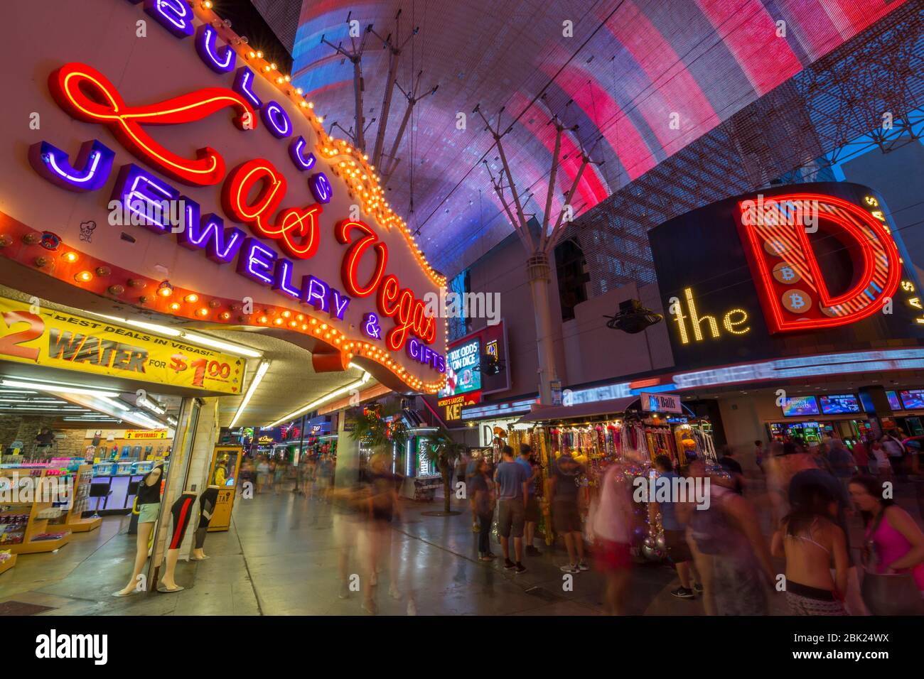 Neon lights on the Fremont Street Experience at dusk, Downtown, Las ...