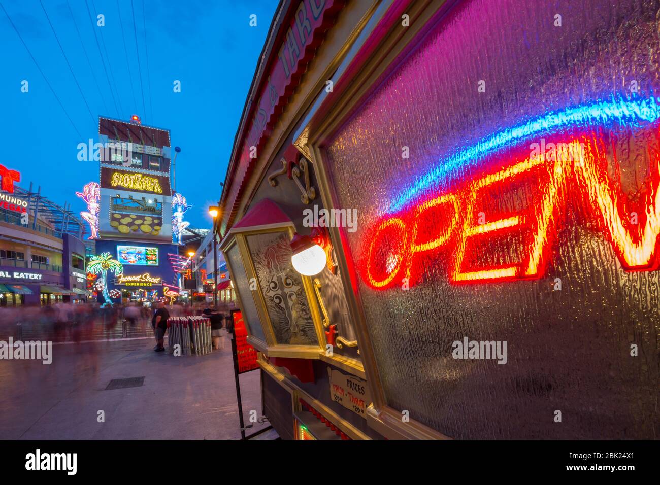 Neon lights on the Fremont Street Experience at dusk, Downtown, Las ...