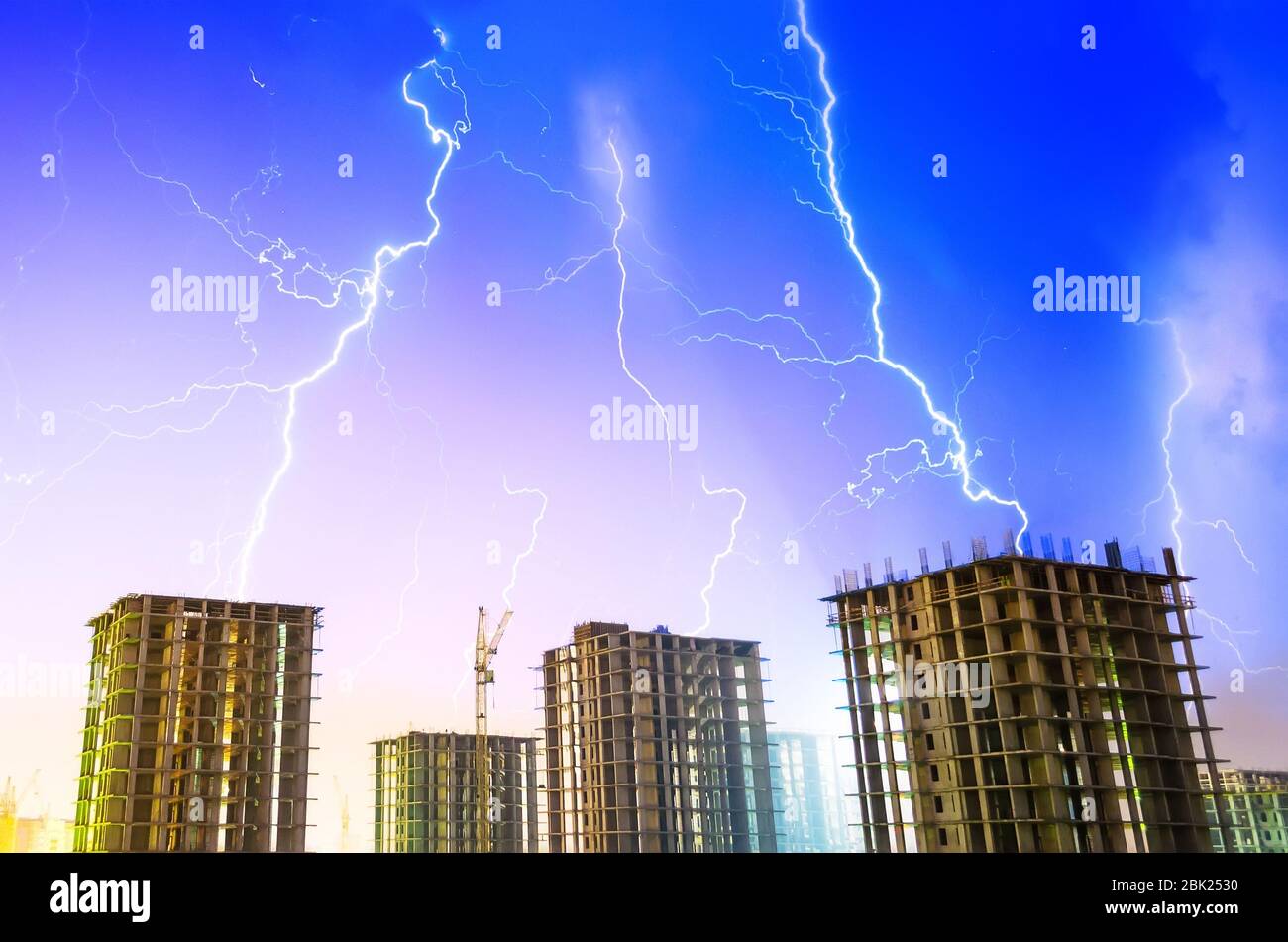 Building night thunderstorm rain industrial city construction Stock ...