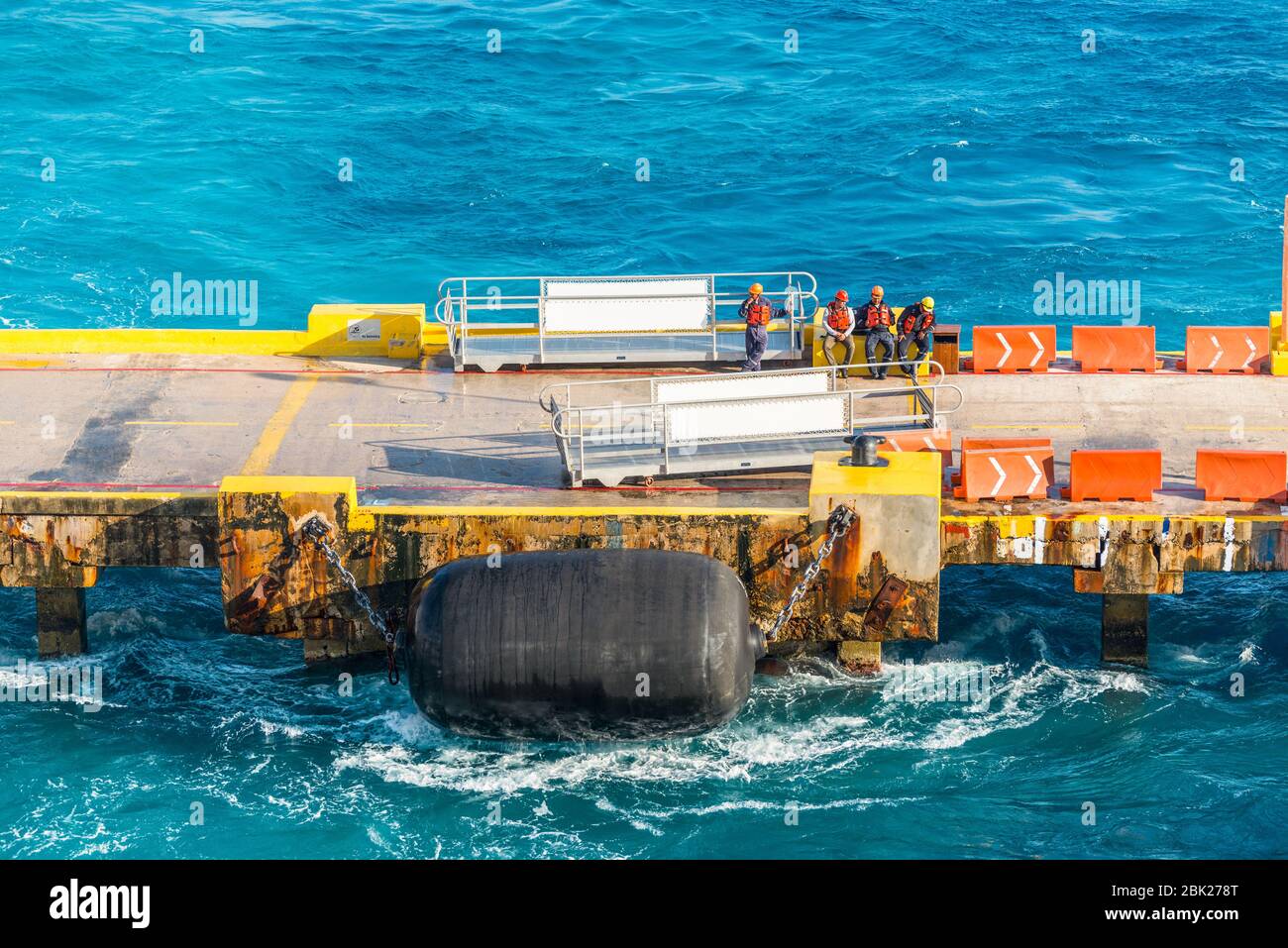 Costa Maya, Mexico - April 25, 2019: Mooring gang and port workers ...
