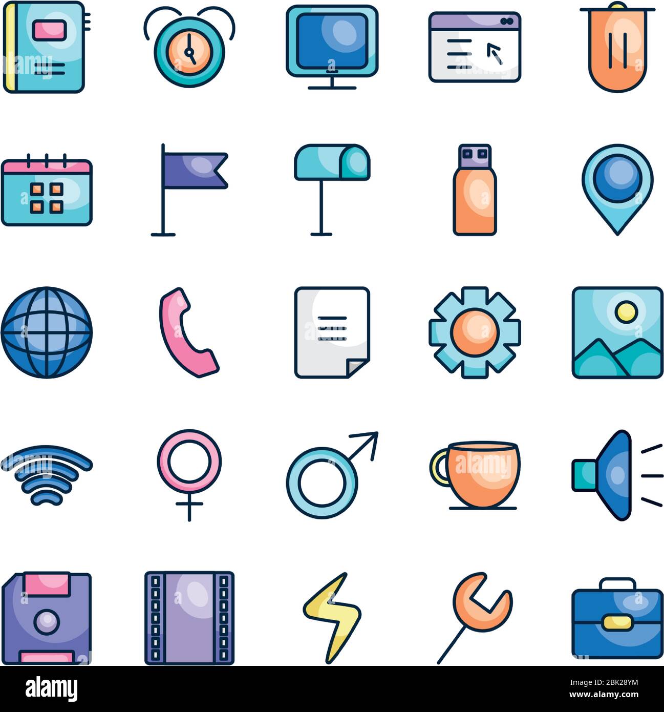 global sphere and user interface icon set over white background, line ...