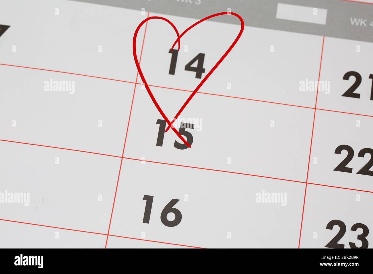14th Date of the Month marked in red marker pen on a simple planner ...