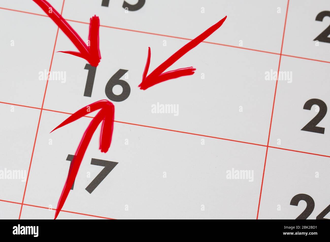 16th Date of the Month marked in red marker pen on a simple planner ...