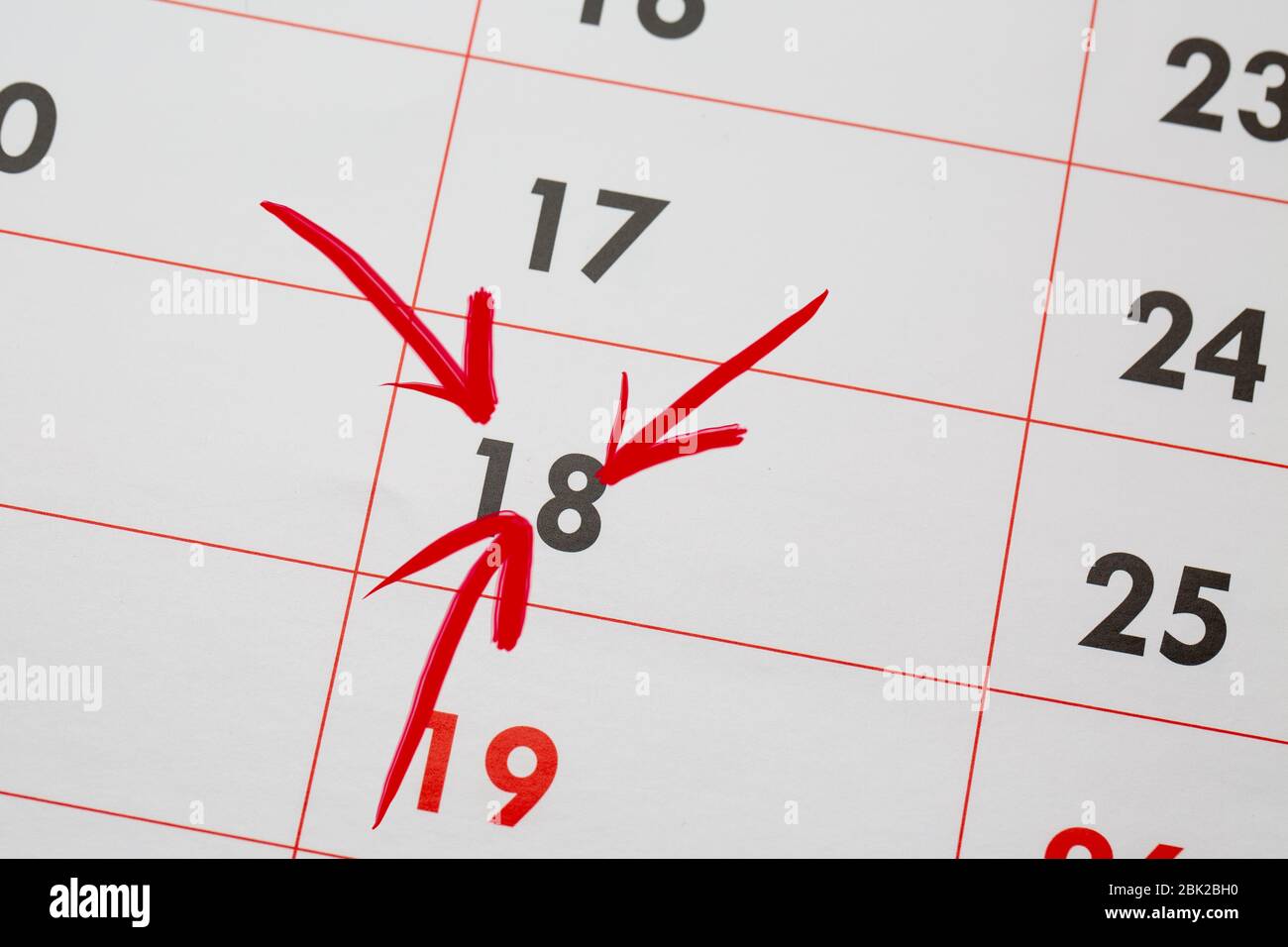 18th Date of the Month marked in red marker pen on a simple planner ...