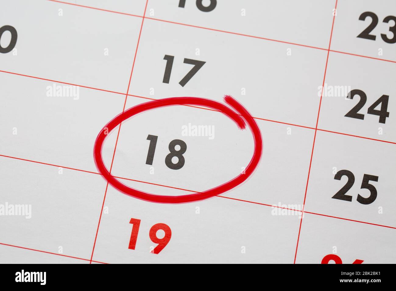 18th Date of the Month marked in red marker pen on a simple planner ...