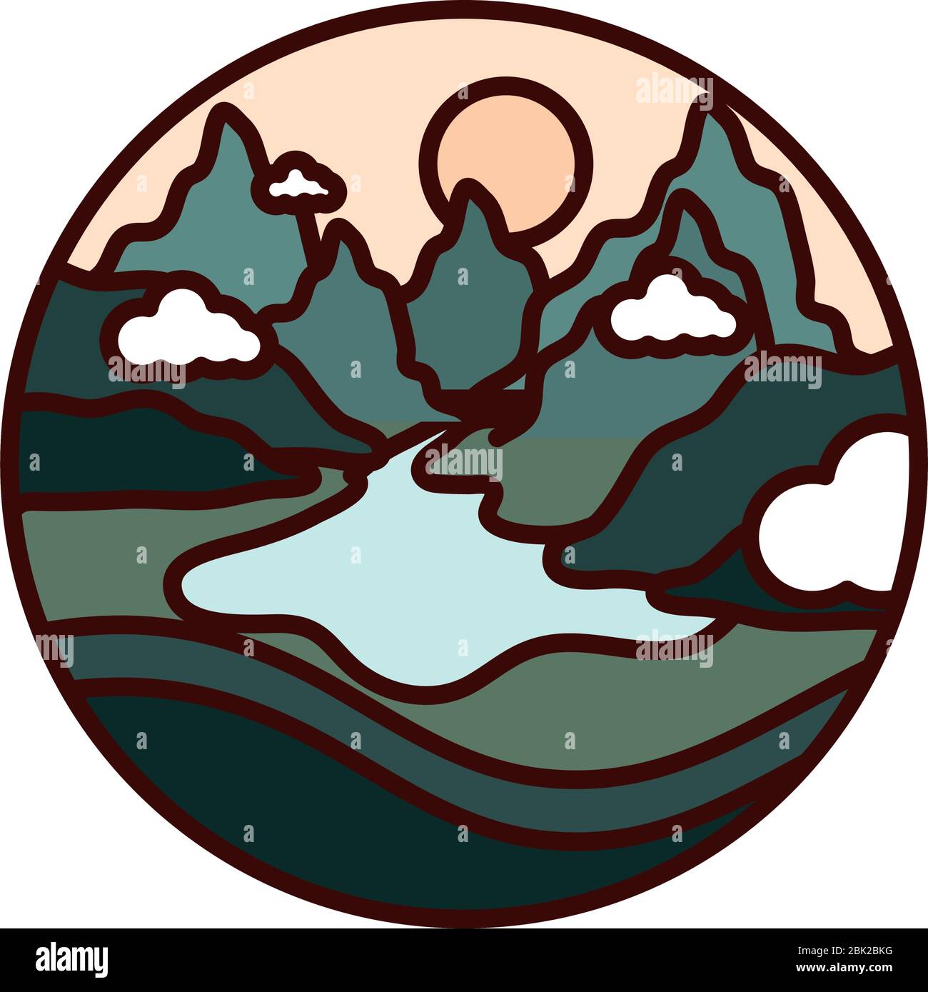 landscape nature rive mountains valley scene vector illustration line ...