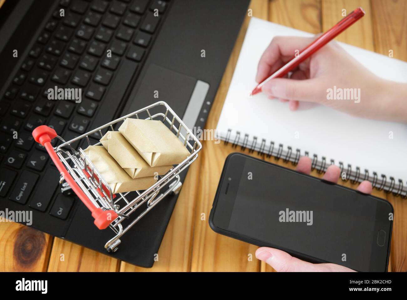 Mockup for online shopping concept. Girl takes notes at a laptop with ...