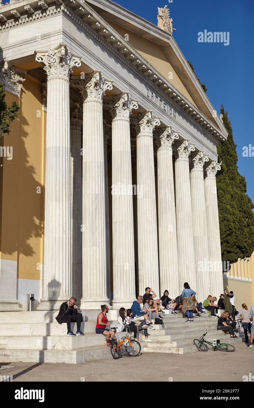 People in front of Zappeion building in the National Gardens of Athens ...