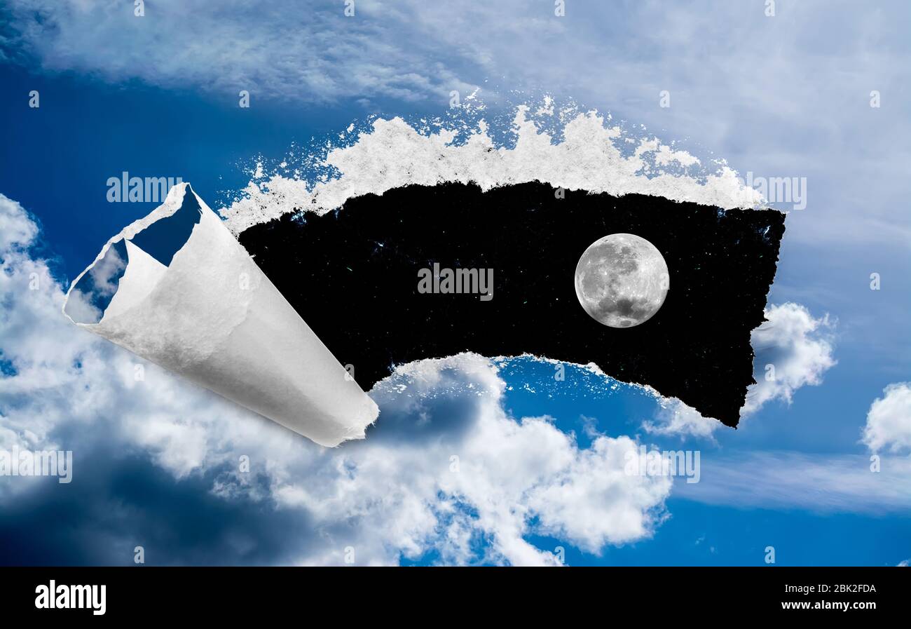 A hole in the day sky with torn edges, as if on paper, overlooking the ...