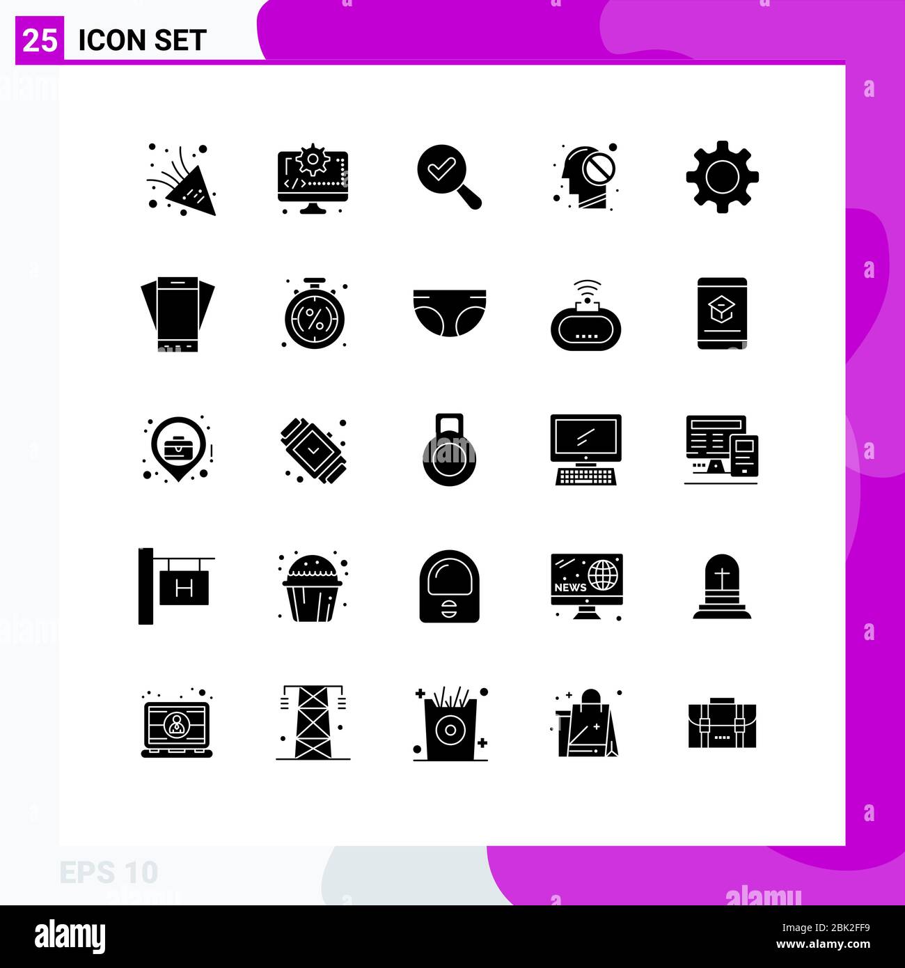 Group of 25 Solid Glyphs Signs and Symbols for setting, cog, search ...