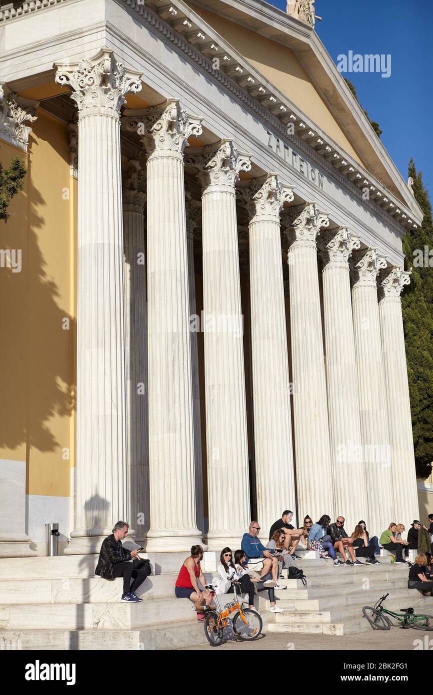 People in front of Zappeion building in the National Gardens of Athens ...