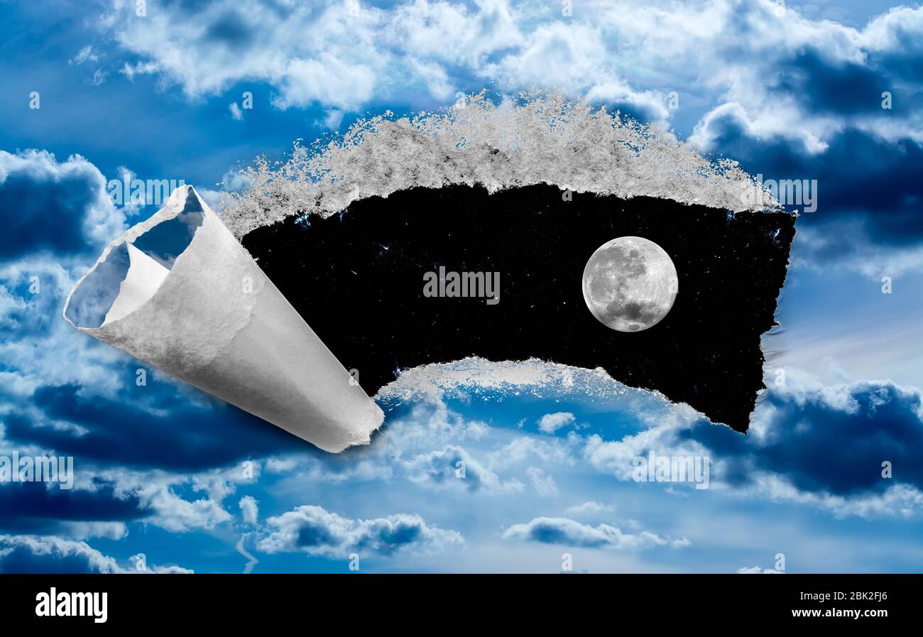 A hole in the day sky with torn edges, as if on paper, overlooking the ...