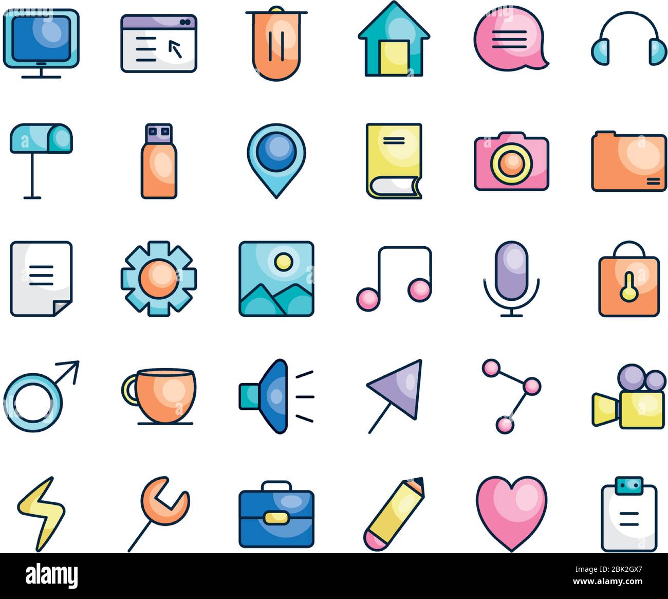 mailbox and user interface icon set over white background, line color ...
