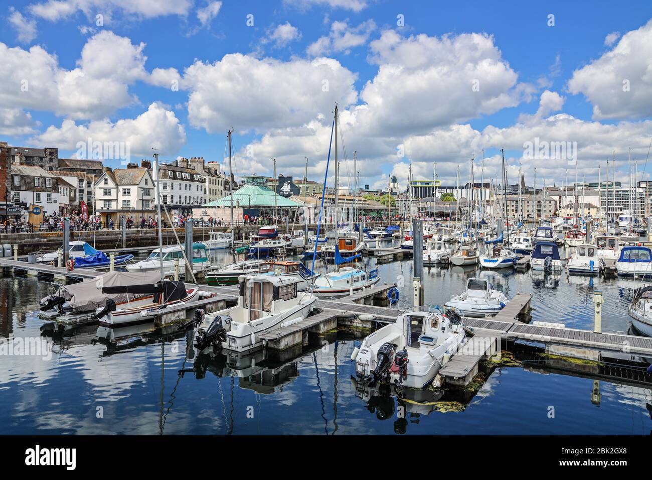 Boats berthed at Sutton Harbour in Plymouth’s historic Barbican area ...