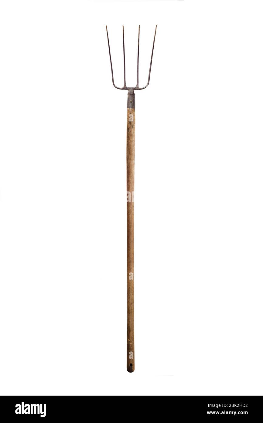 ancient hand made garden fork on white background Stock Photo - Alamy