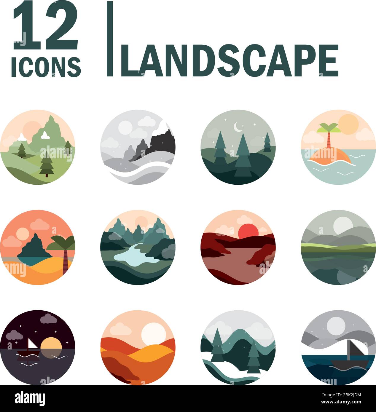 landscape nature mountains ocean and forest in circle icons set vector ...
