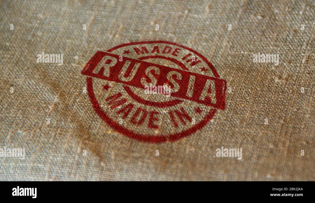 Made in Russia stamp printed on linen sack. Factory, manufacturing and ...