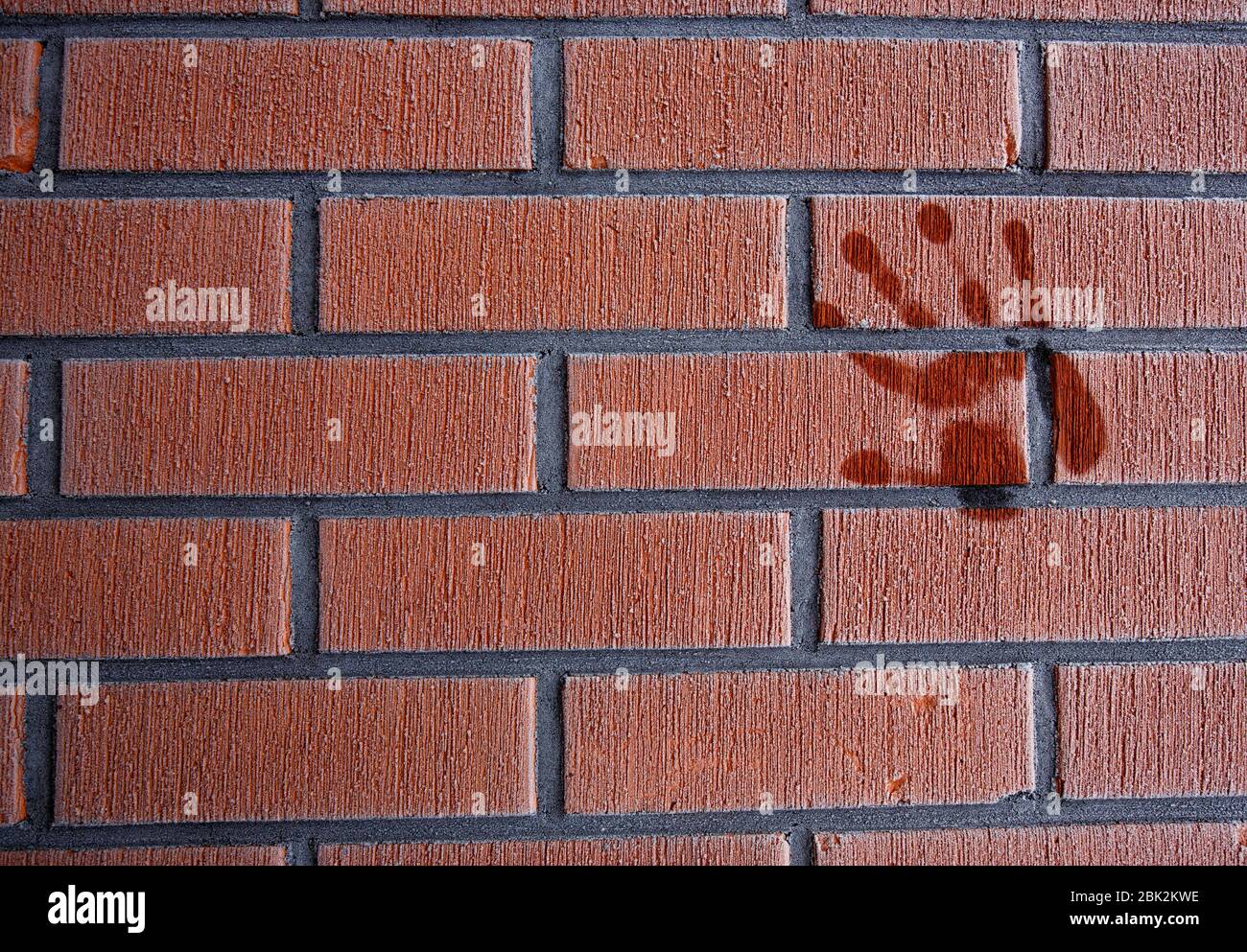 Wet melted palm print on frosty red tile wall at Winter , Finland Stock ...