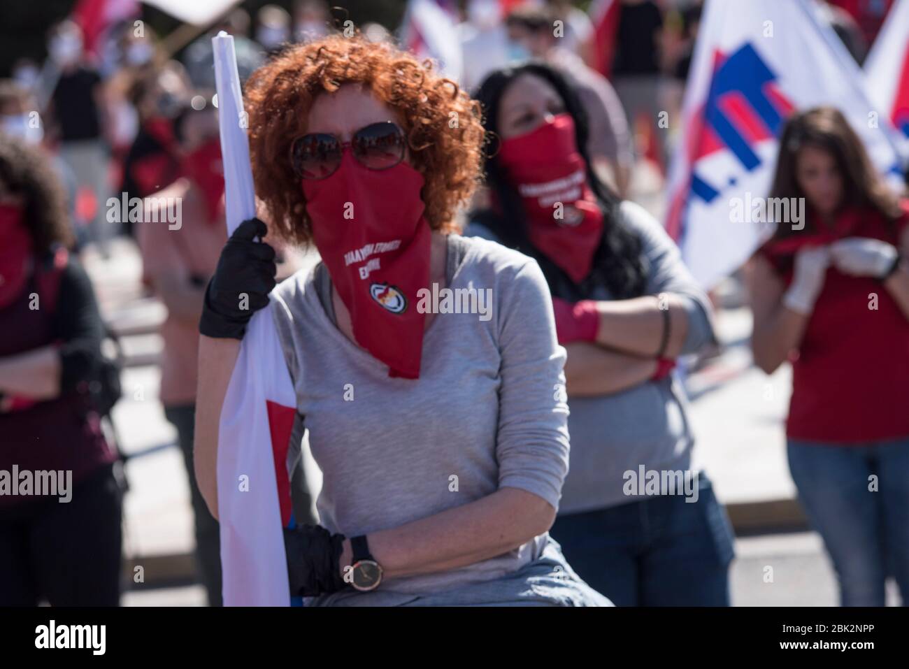 Athens, Greece. 1st May, 2020. Members of PAME the workers' union ...