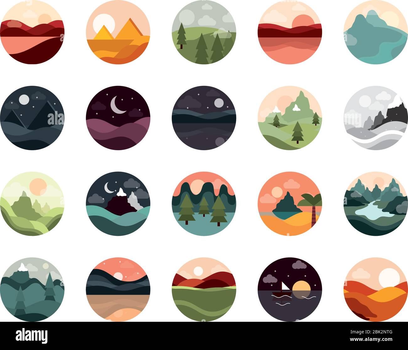 landscape nature mountains ocean and forest in circle icons set vector ...