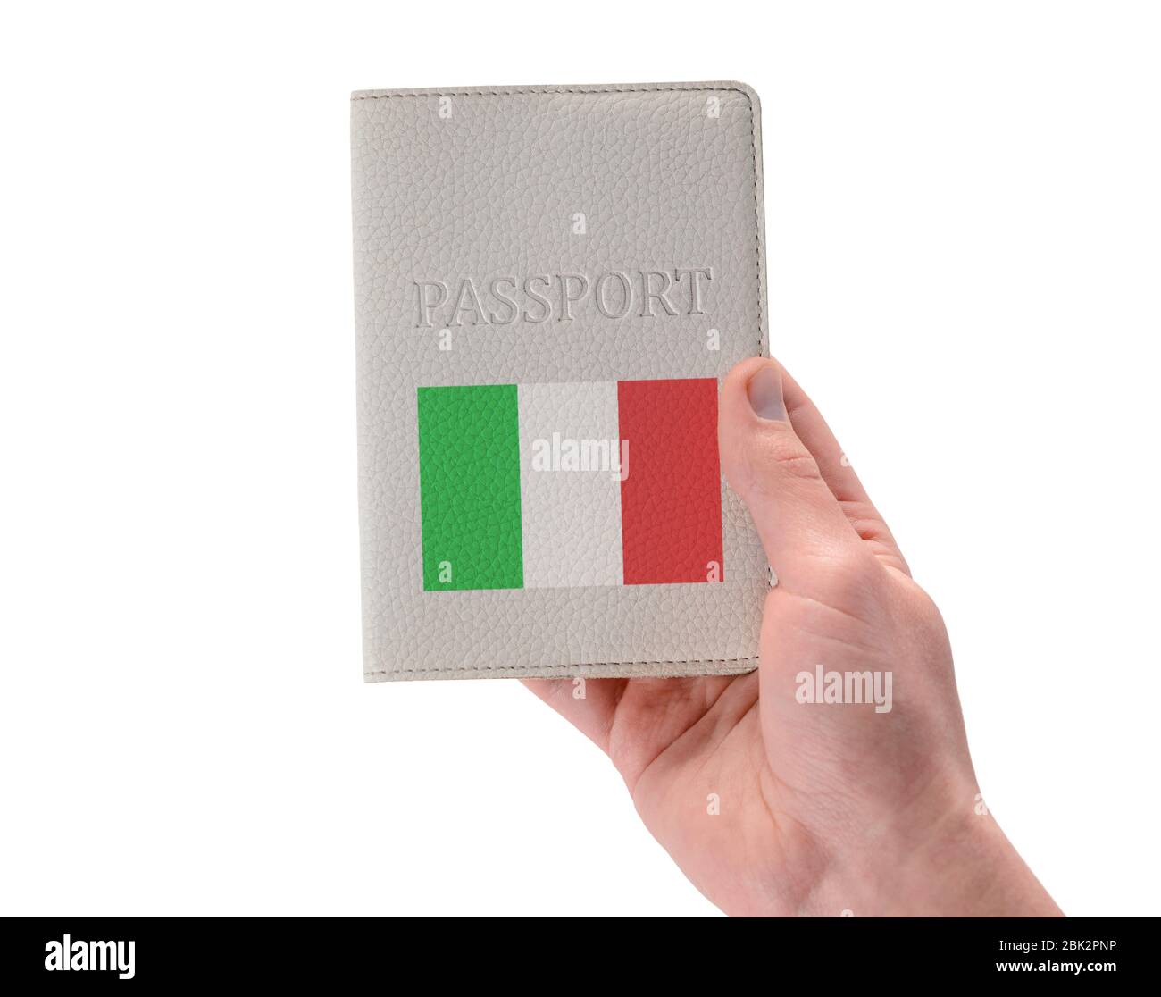 Italian passport in a man's hand on white background Stock Photo - Alamy