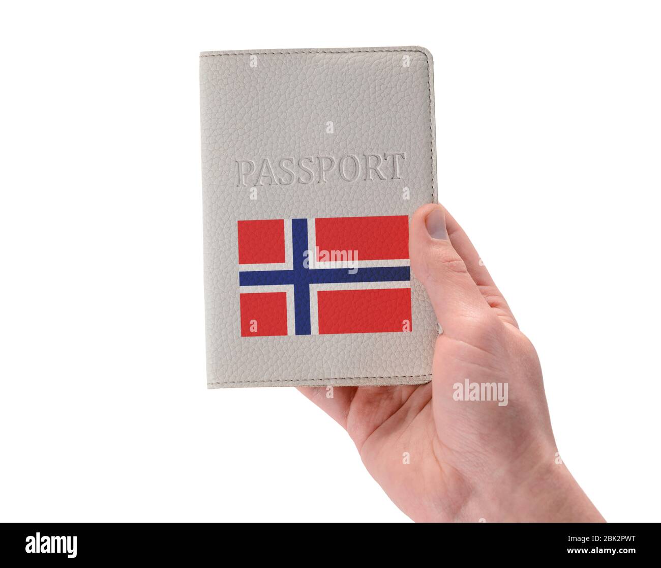 Norwegian passport in a man's hand on white background Stock Photo - Alamy