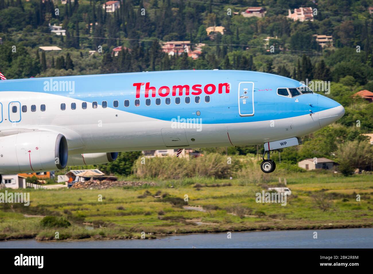 Thomson Boeing 737 aeroplane coming in to land at Corfu International ...