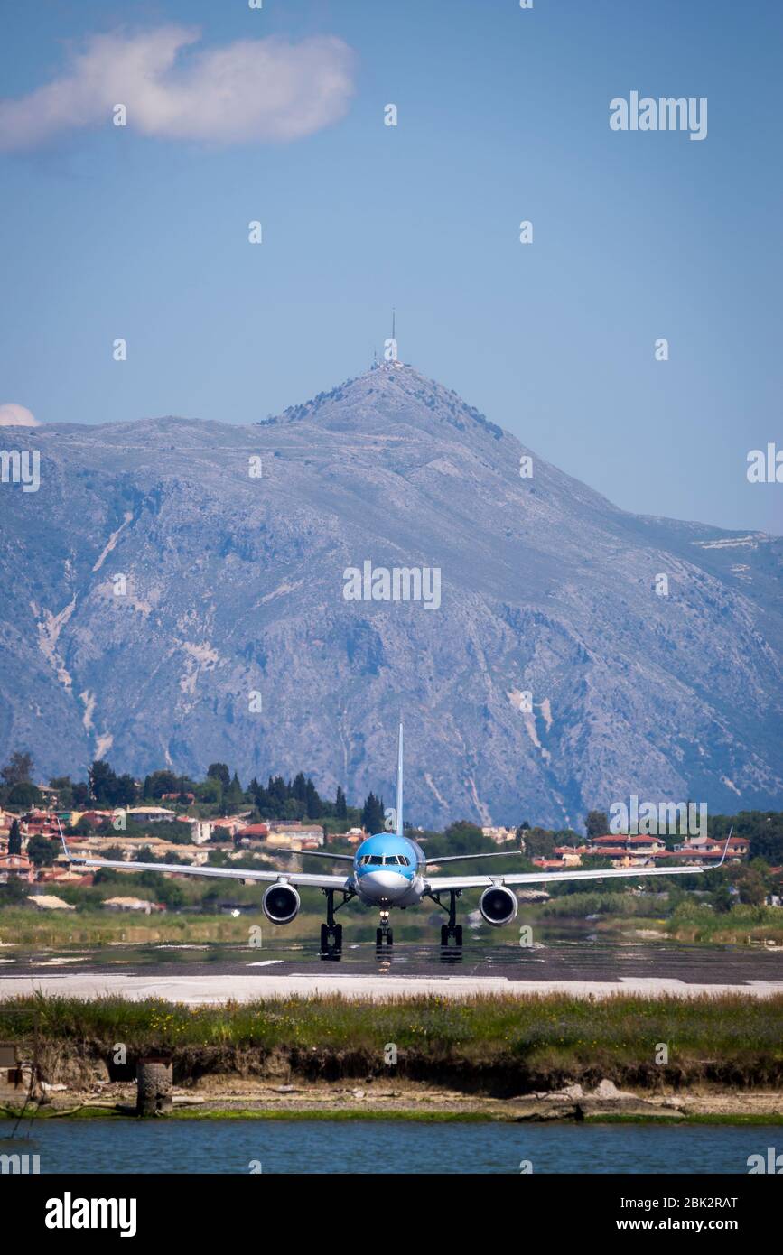 Thomson Boeing 757 aeroplane taxiing on the runway at Corfu ...