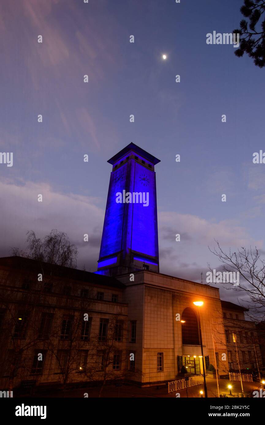 02.04.20 - The clock tower of the Newport Civic Centre is illuminated ...