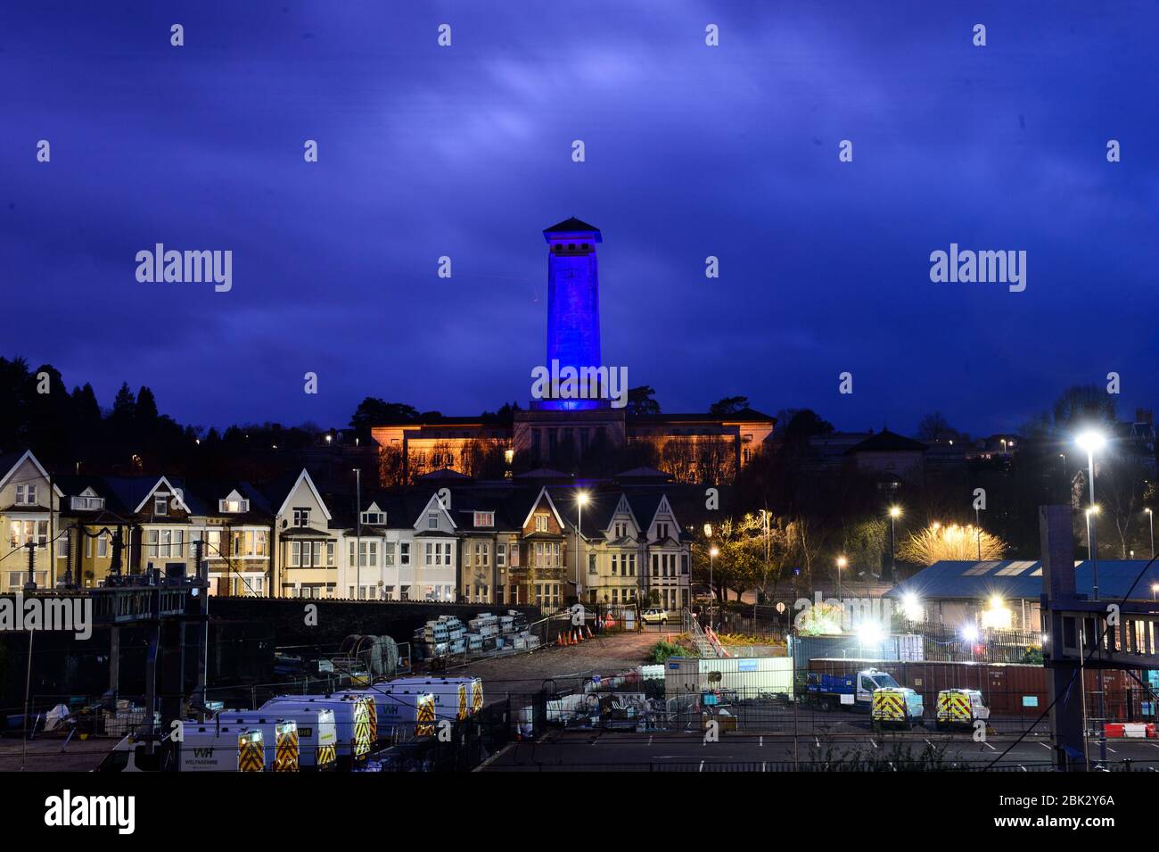 02.04.20 - The clock tower of the Newport Civic Centre is illuminated ...